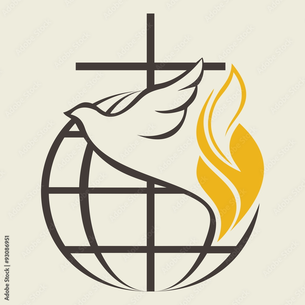 Vecteur Stock Church logo. Globe, holy spirit, dove, cross, flame ...