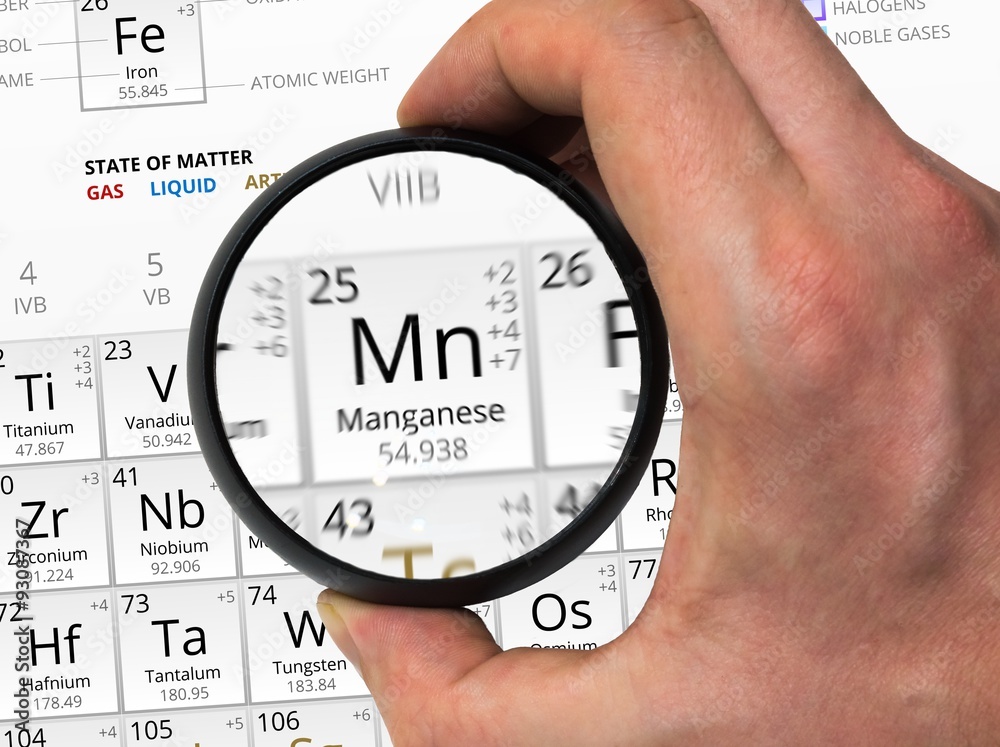 Manganese symbol - Mn. Element of the periodic table zoomed with ...