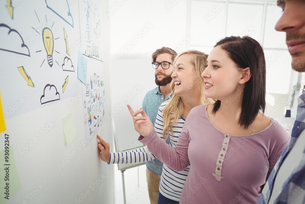 Women pointing at wall with sticky notes and drawings Stock Photo ...