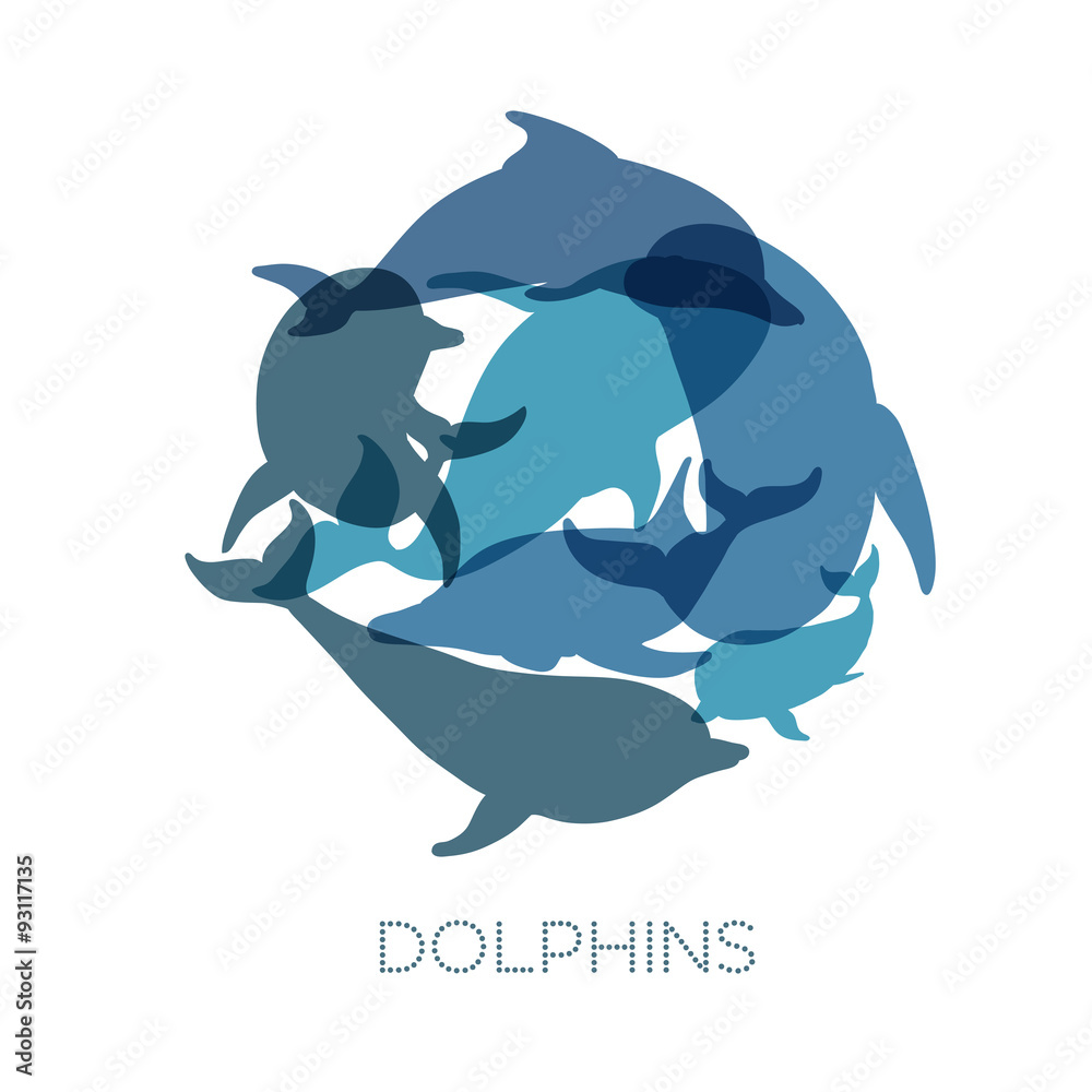 Vector circle silhouette illustration with dolphins. Dolphin - vector ...