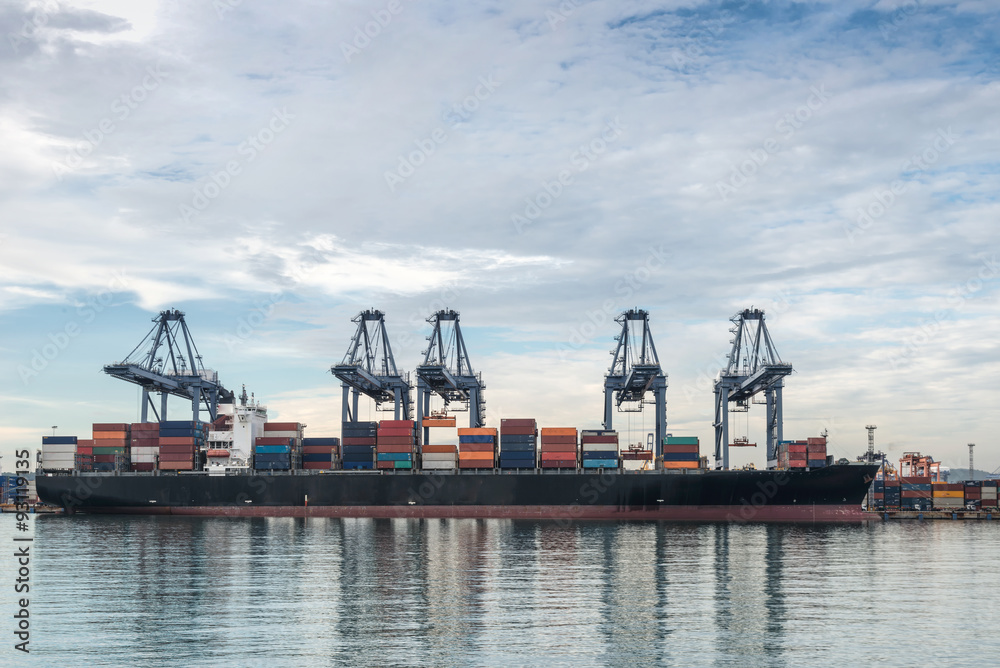 Ship for container with working crane bridge in shipyard for Logistic ...