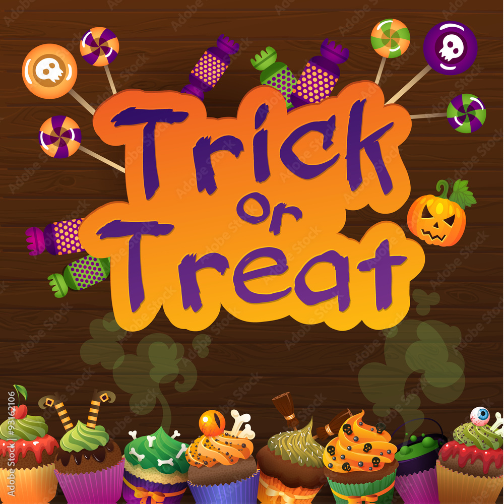 Happy Halloween Trick or Treat Greeting Card Wiht Sweet Cupcakes Stock ...