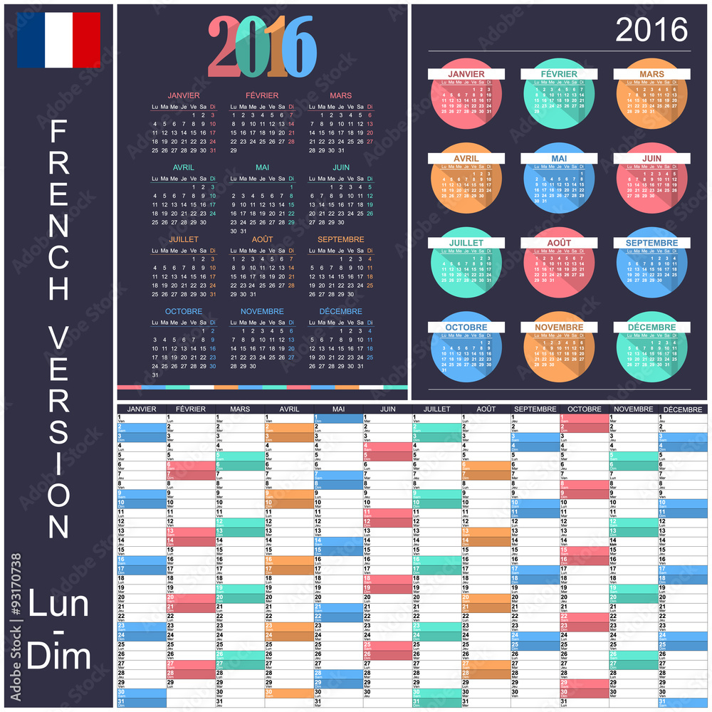 Calendar 2016 / Collection of French calendars for year 2016, week ...