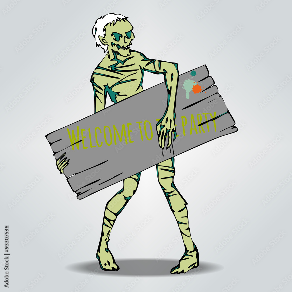 Smiling Zombie. Vector Halloween template with a nice Zombie holding a ...