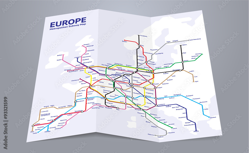 Europe subway map. Folded paper map of a fictional european subway ...