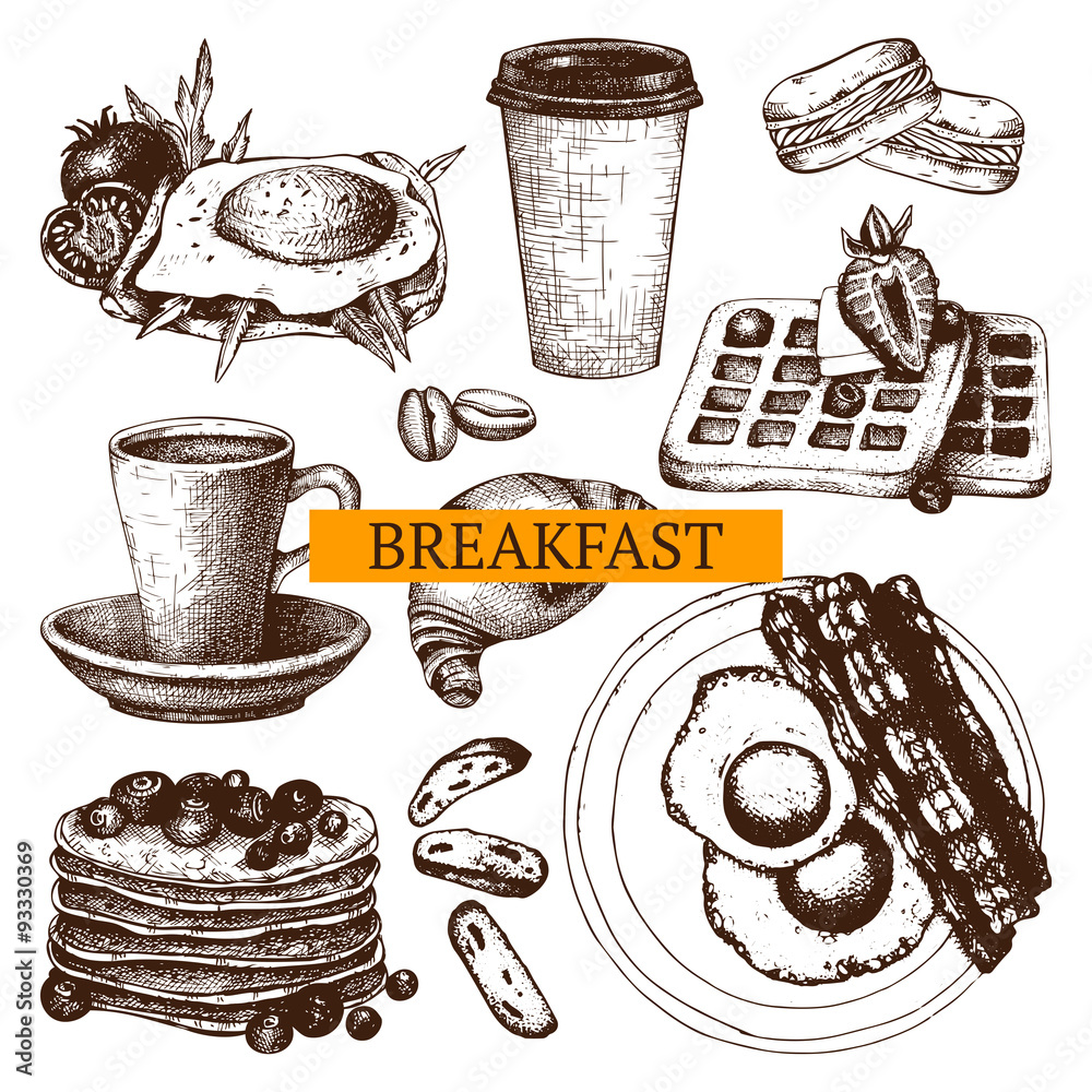 Vector ink hand drawn food sketch collection for breakfast menu ...
