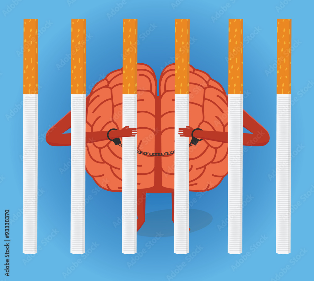 Jail for brain. Brain character behind row of cigarettes. Smoking ...