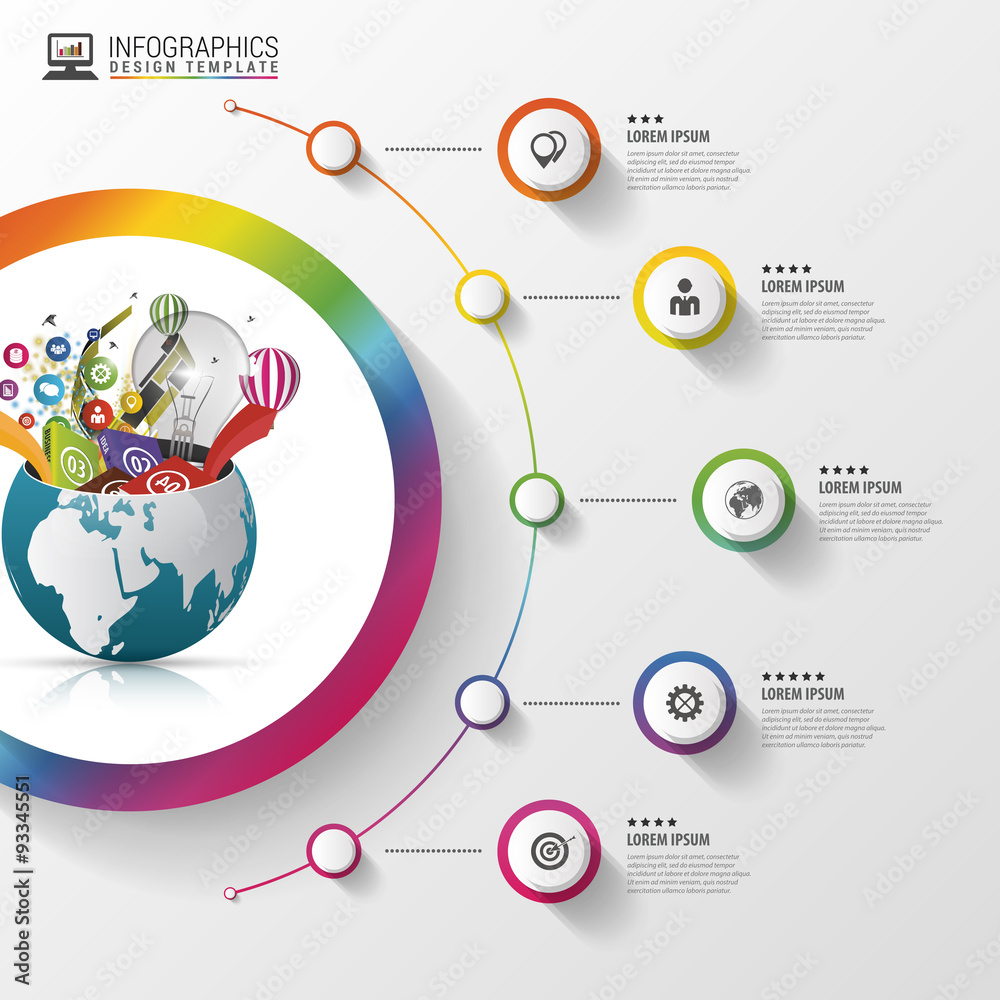 Infographic design template. Creative world. Colorful circle with icons ...