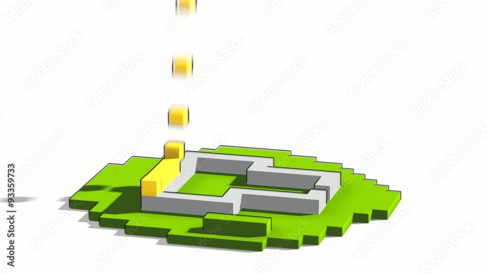 Animated construction (building) of cartoon block house toy. Falling ...