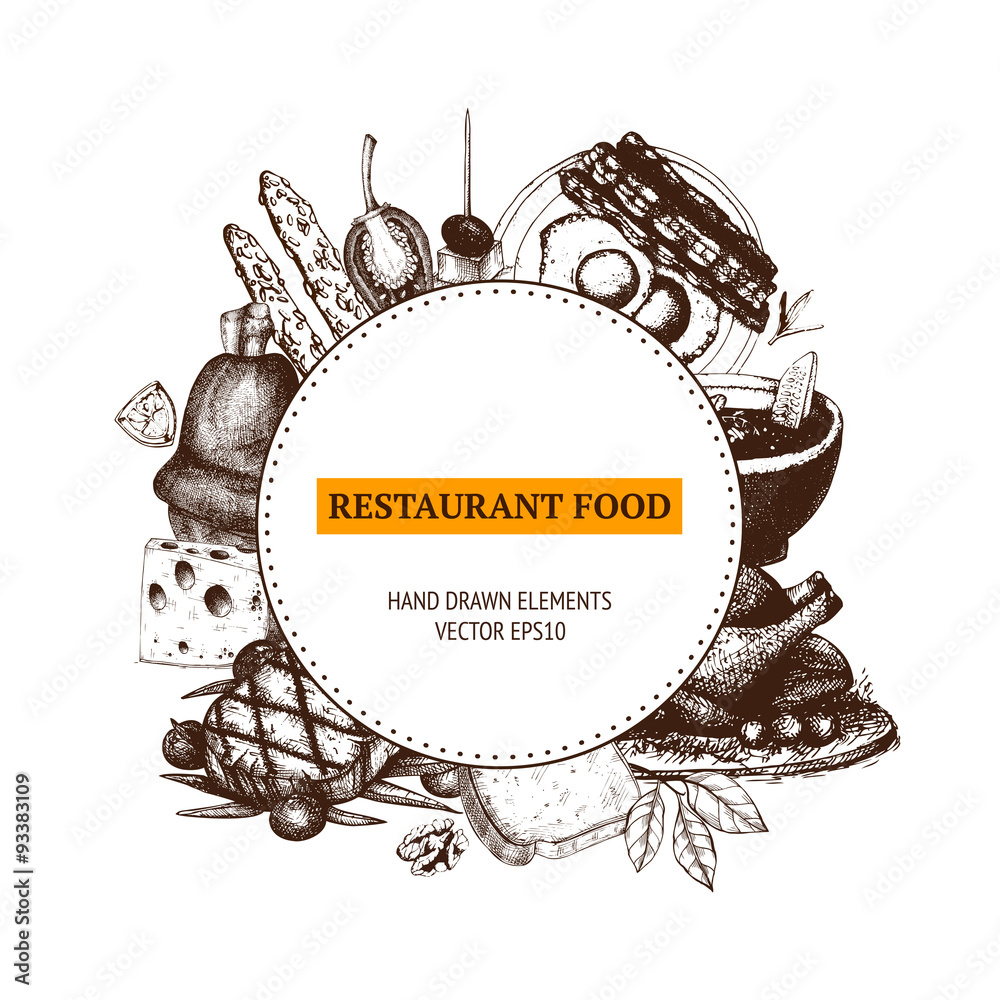 Vector menu template. Vintage food design with sketched elements. Ink ...