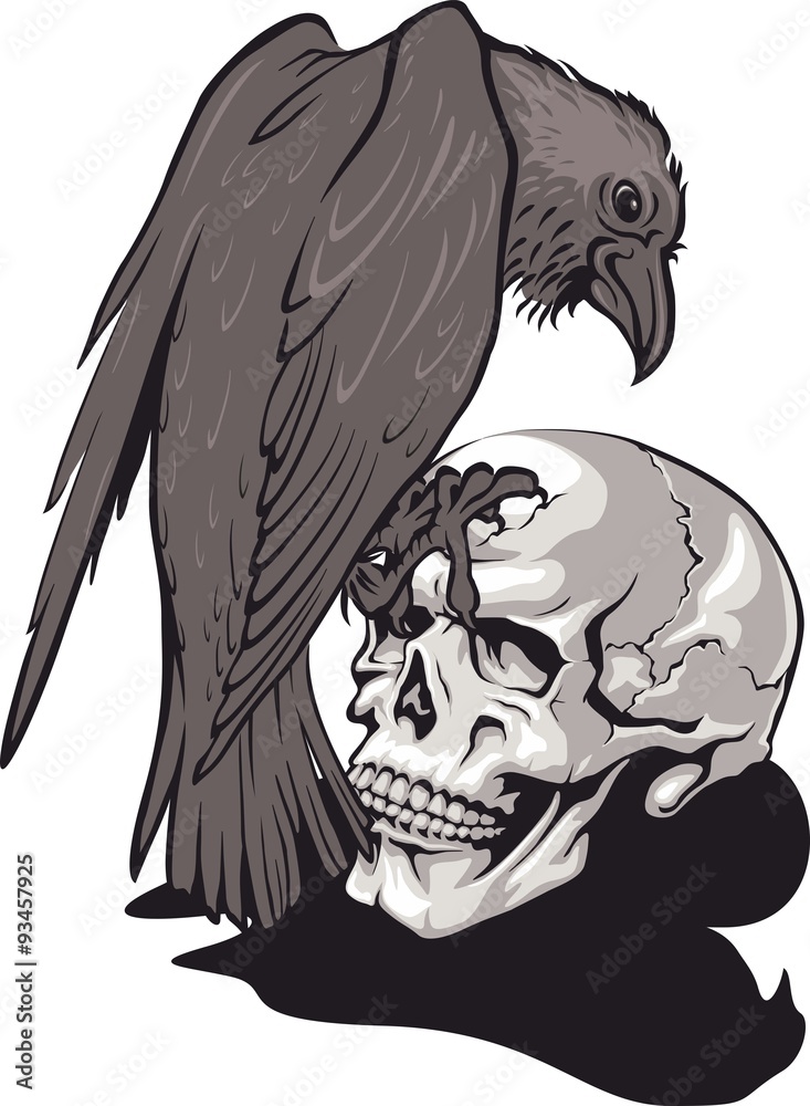Raven sitting on human skull. Vector illustration. Tattoo style Stock ...