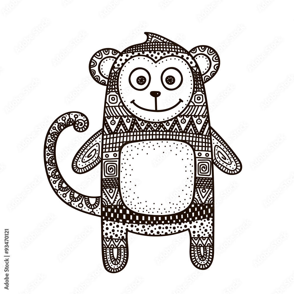 Vector hand drawn doodle monkey. Figure with doodle ornament. Ethnic ...