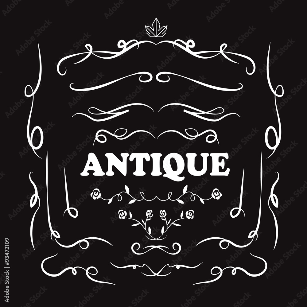 Set of vintage hand drawn line art retro antique deco design ele Stock ...