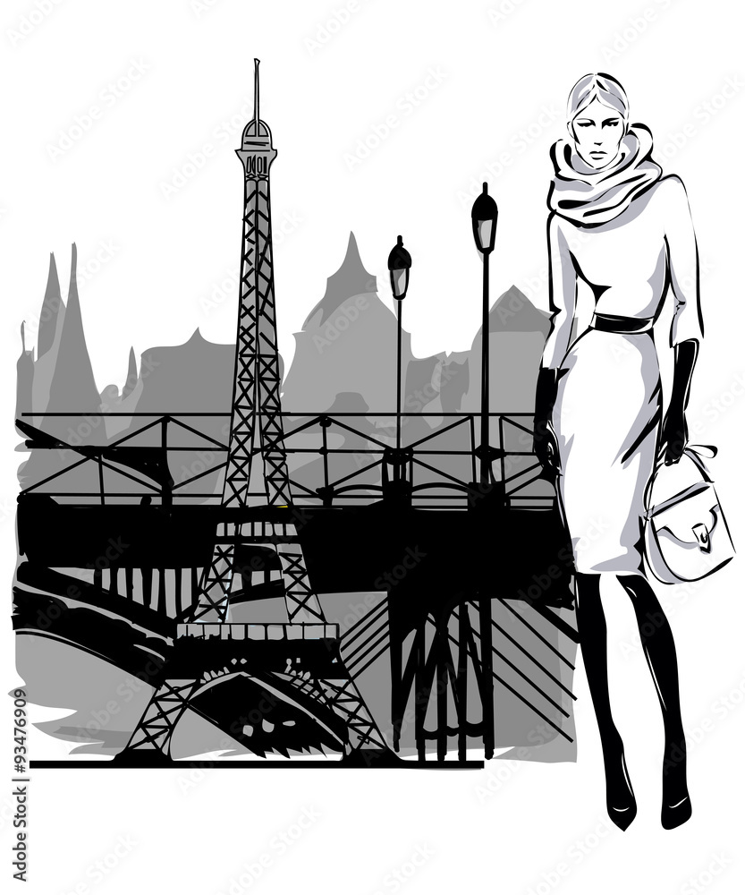 Fashion models in sketch style fall winter with Paris city near Eiffel ...