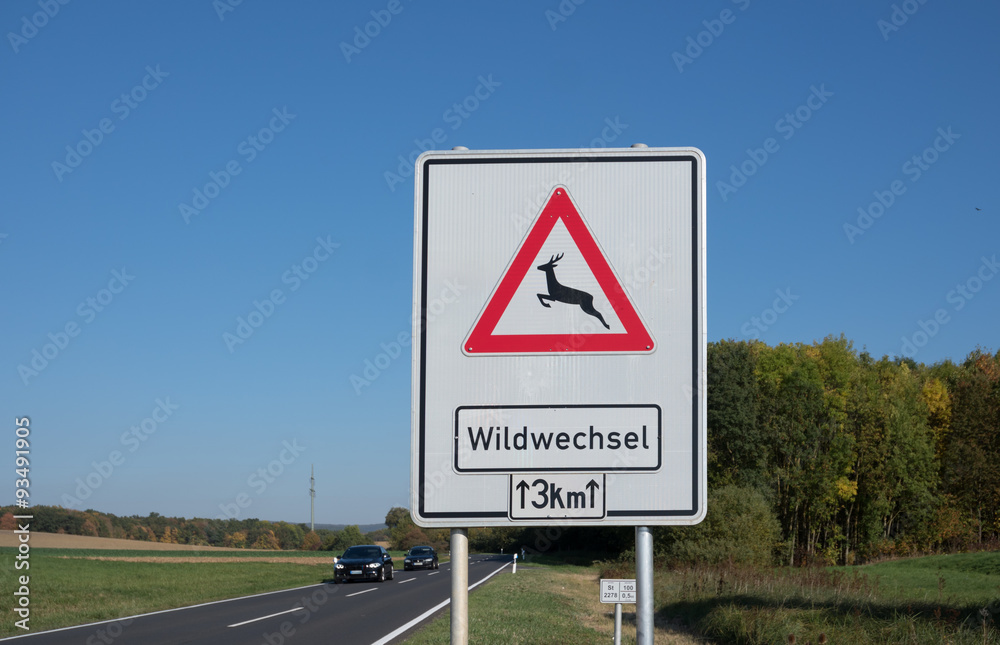 Achtung Schild Wildwechsel Stock-Foto | Adobe Stock