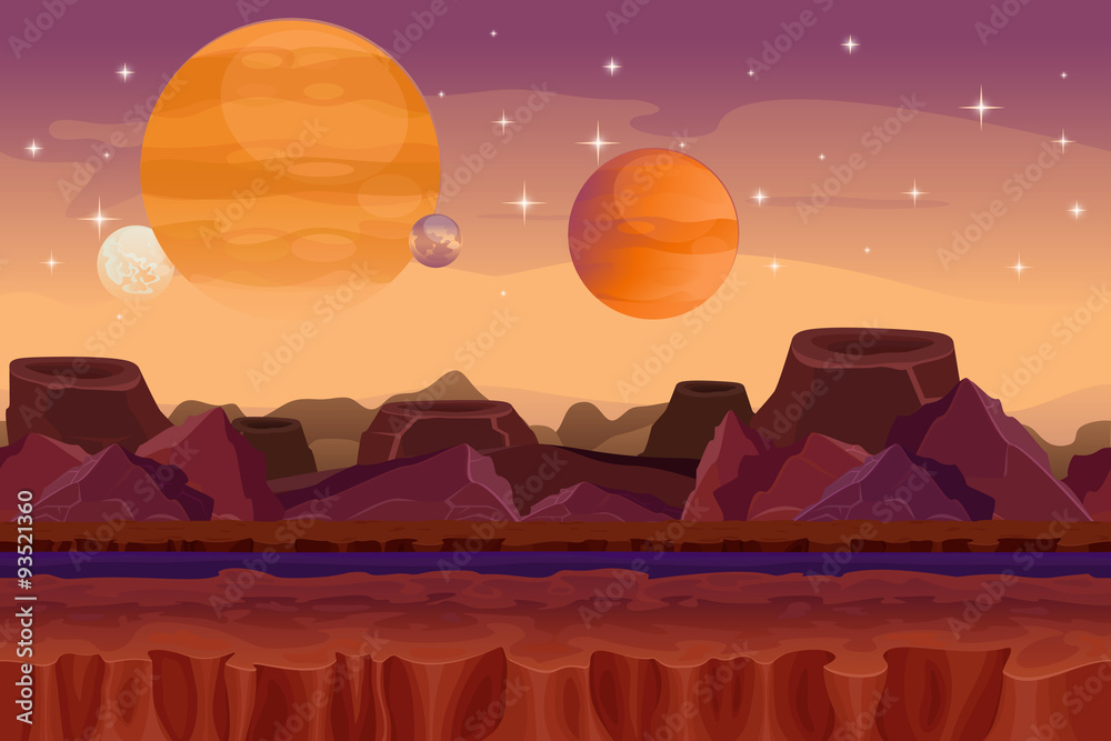 Cartoon sci-fi game vector seamless background. Alien planet Stock ...