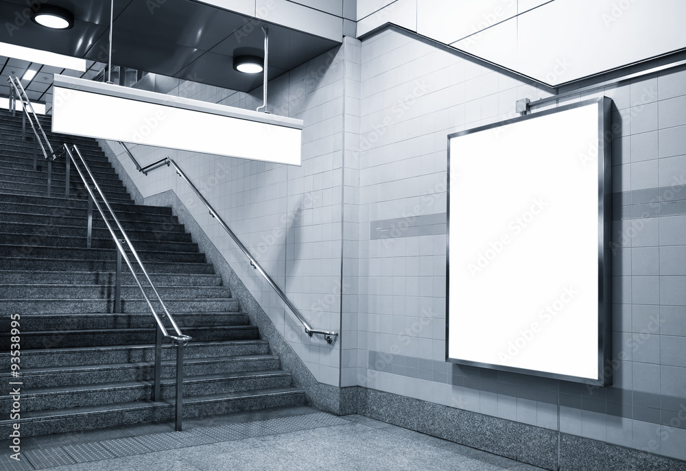 Billboard and direction signage mock up in subway with stairs Stock ...