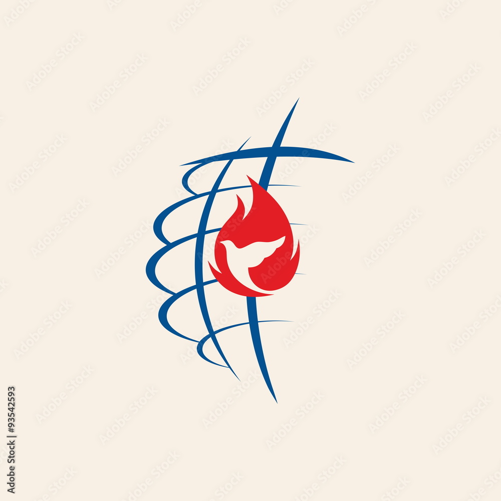 Church logo. Globe, missions, flame, dove, icon, red, blue, white Stock ...