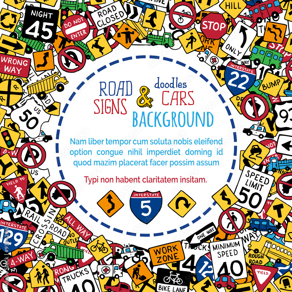 Vector background of hand-drawn road signs and vehicles. Stock Vector ...