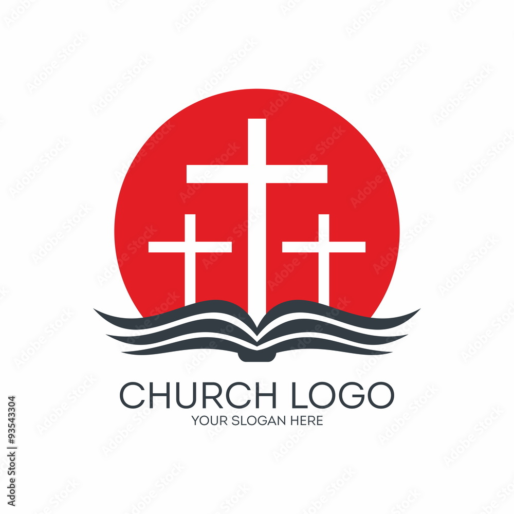 Church logo. Three crosses, cross, sunrise, pages, Bible, icon Stock ...