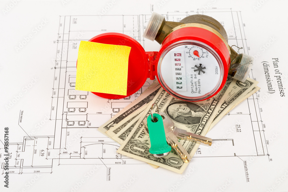 Water meter with sticker and keys on draft Stock Photo | Adobe Stock