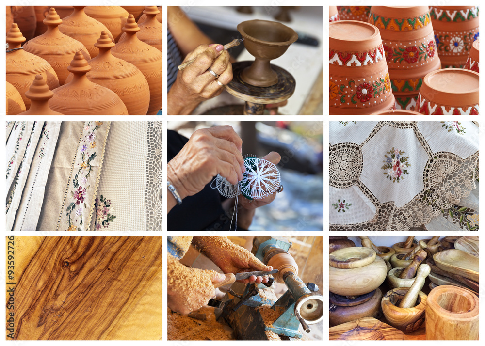Hands of handicraft masters at work: a potter, a carpenter and lace ...