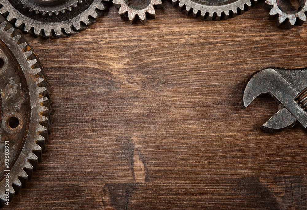 Wood texture background with the gear frame Stock Photo | Adobe Stock