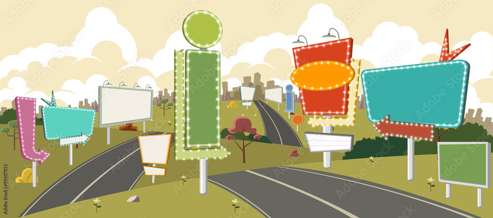 Cartoon road with billboards. Ad signs. Stock Vector | Adobe Stock
