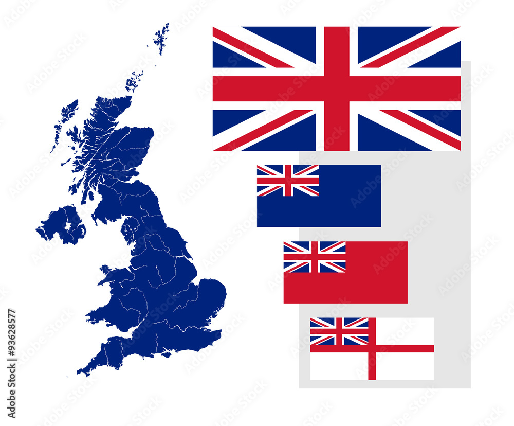 Map of the United Kingdom with rivers and four British flags - national ...