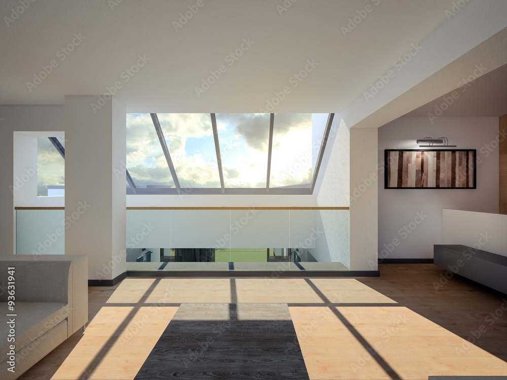 3D visualization of a living room on the second floor with a sloping ...