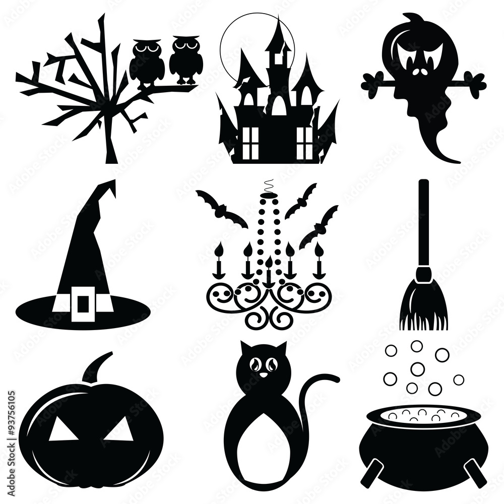 Halloween icons set 2 in black & white including owl,spooky tree ...