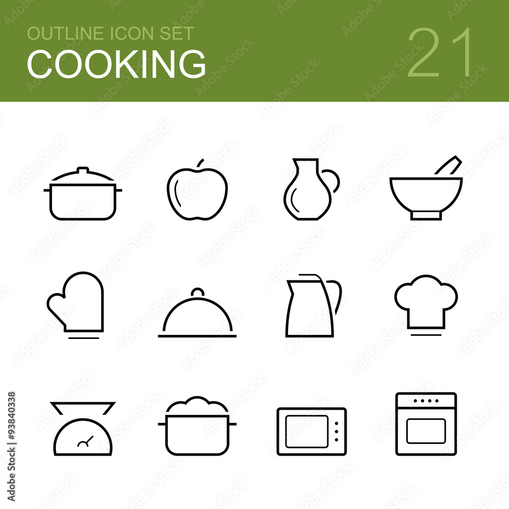Cooking vector outline icon set - saucepan, apple, carafe, dish, oven ...