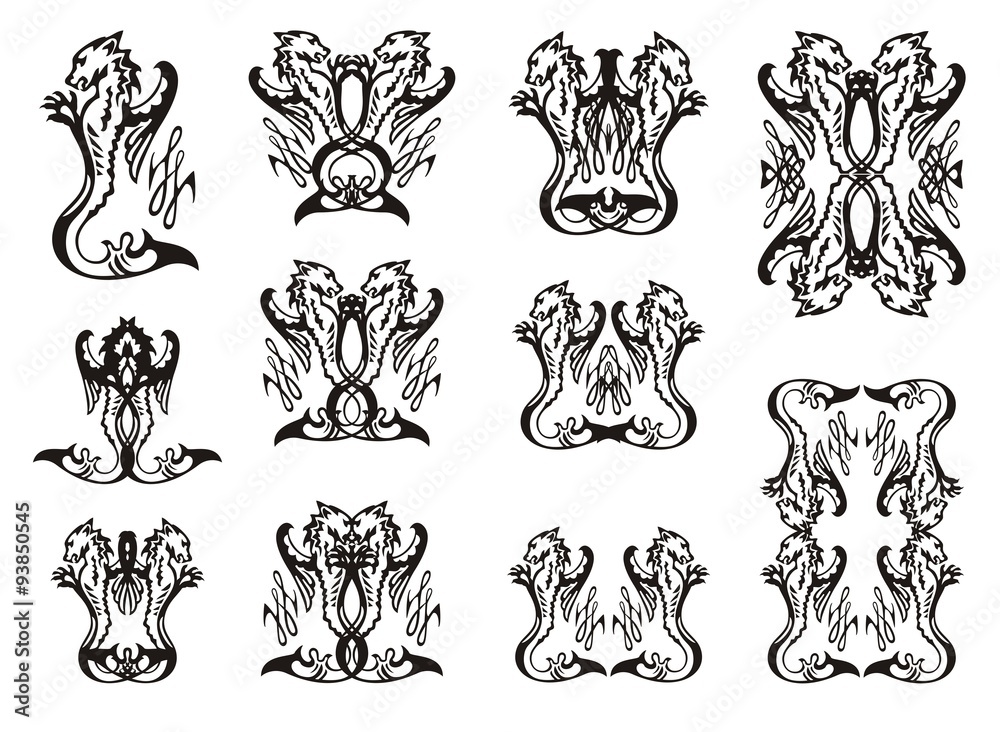 Tribal animal symbols. The young sea dragon with a wing, symbols and ...