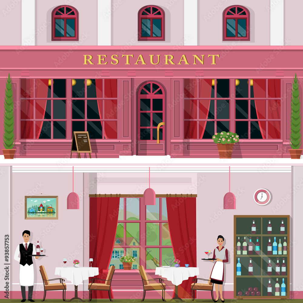 Set of vector detailed flat design restaurant facade and interior. Cool ...