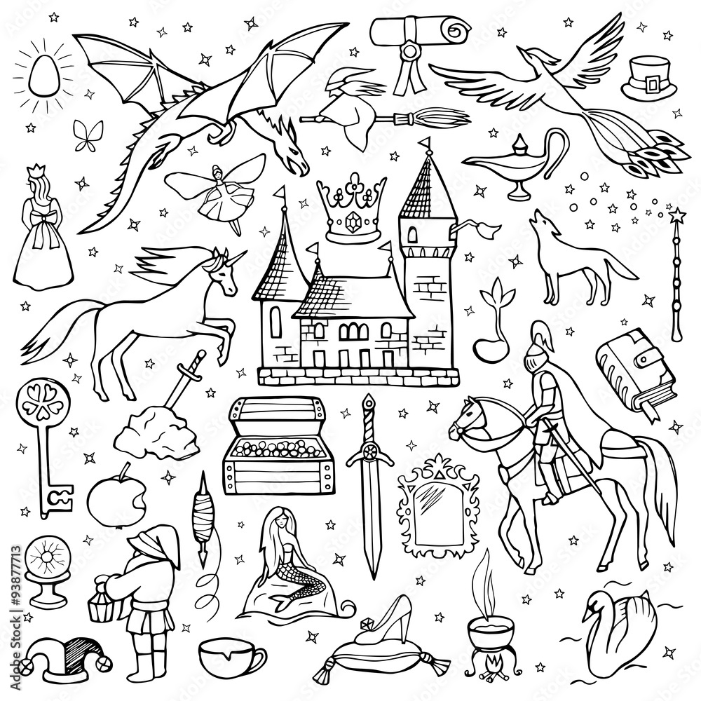 Hand drawn doodle fairy tale set Stock Vector | Adobe Stock