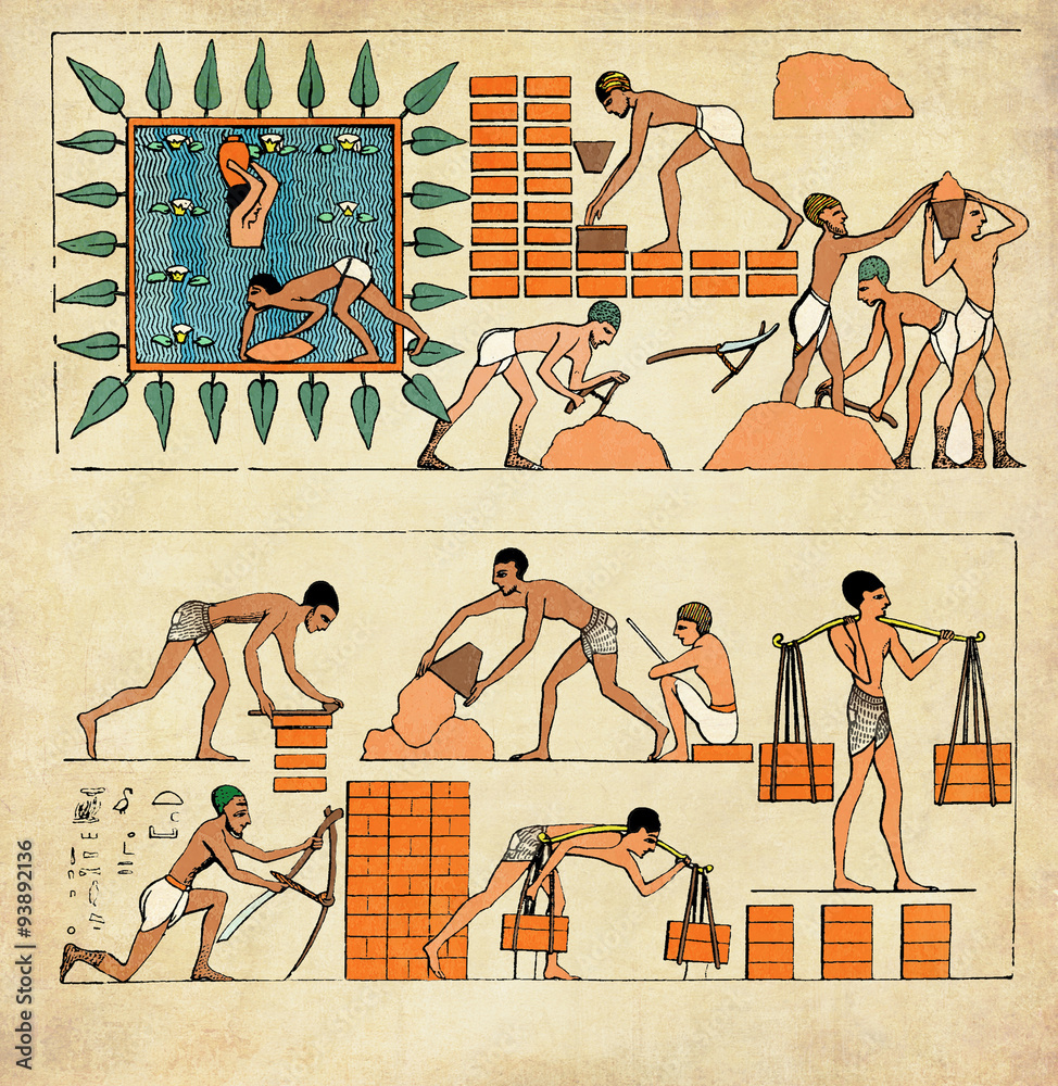 Ancient Egypt war prisoners making bricks and building walls, vintage ...