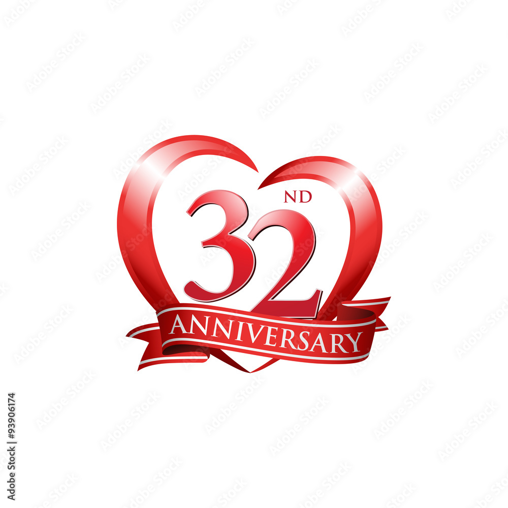 32nd anniversary logo red heart ribbon Stock Vector | Adobe Stock