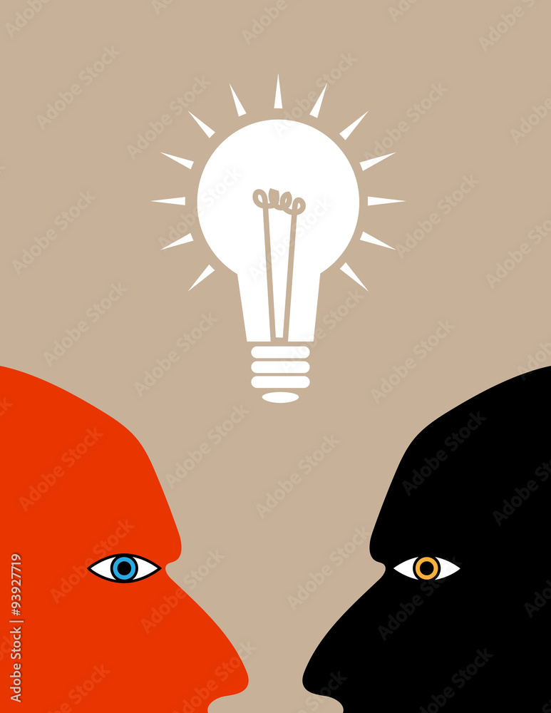 Two heads in profile with a switched on light bulb floating beteeen ...