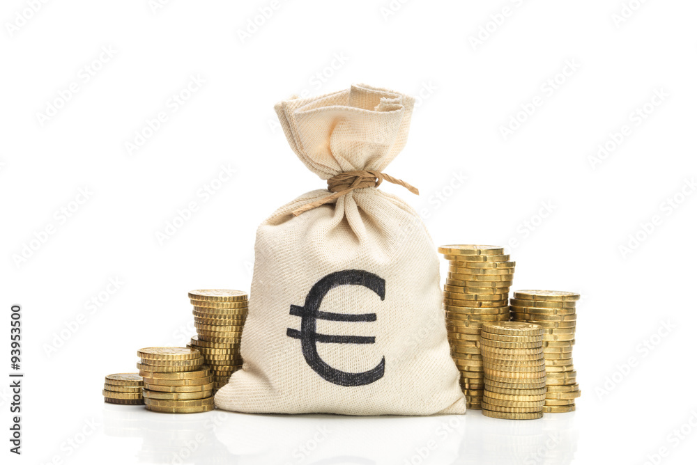 Money bag and Euro coins, isolated on white background Stock Photo ...