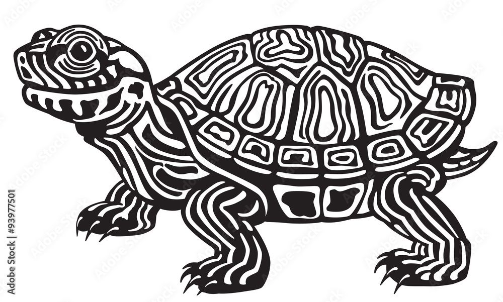 cartoon red eared slider turtle. Black and white image Stock Vector ...