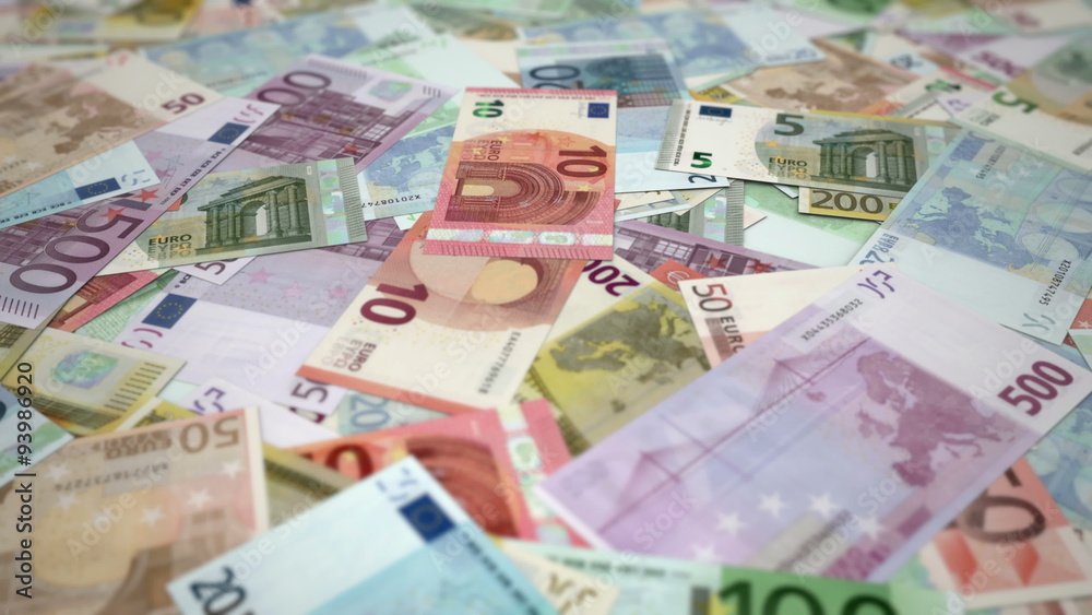 Euro bills. High quality 3d animation of a camera closely tracking over ...