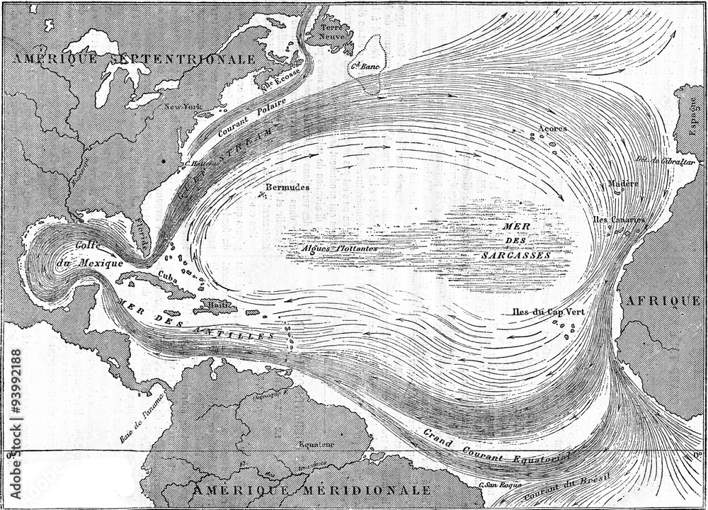 Map of the Gulf Stream, vintage engraving. Stock Illustration | Adobe Stock