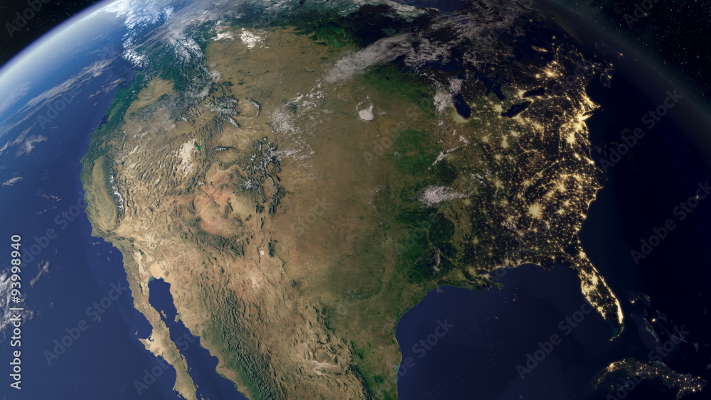 Orbiting over North America. Photorealistic animation, created using ...
