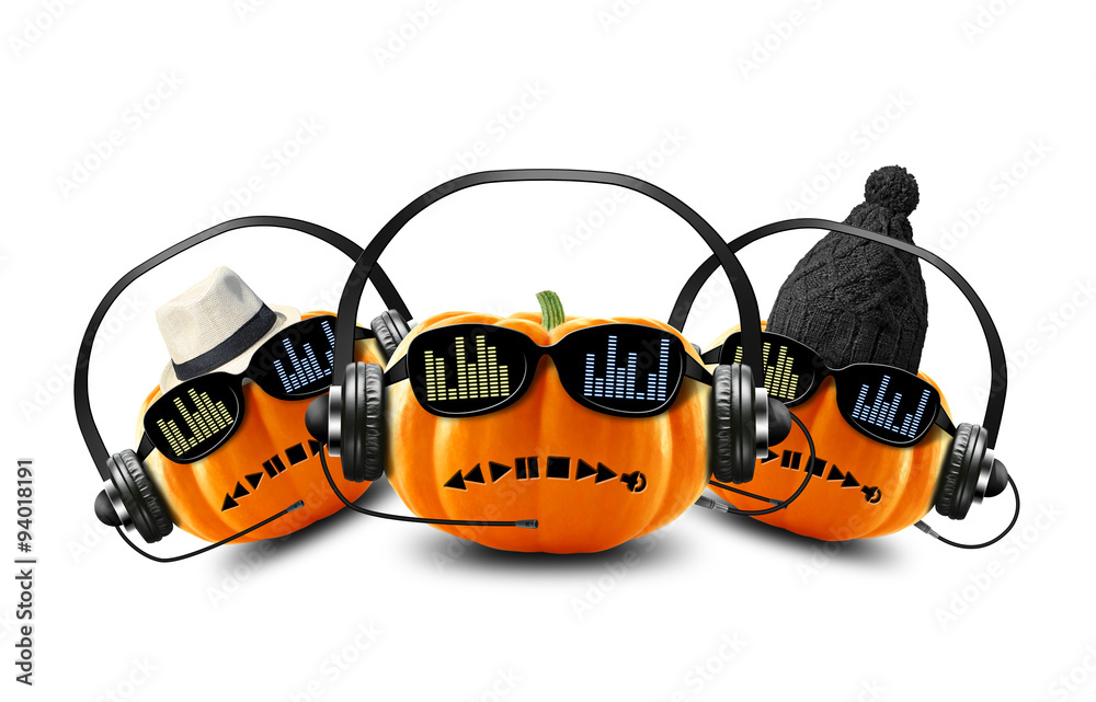 Pumpkin with headphones and in hats, Halloween Stock-Foto | Adobe Stock