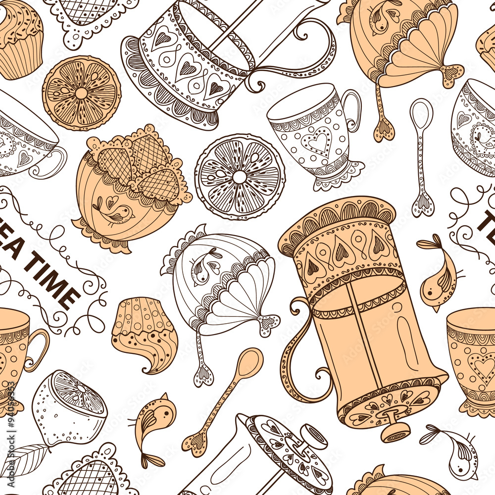 seamless pattern from tea time still life set, sketch, doodle, hand ...