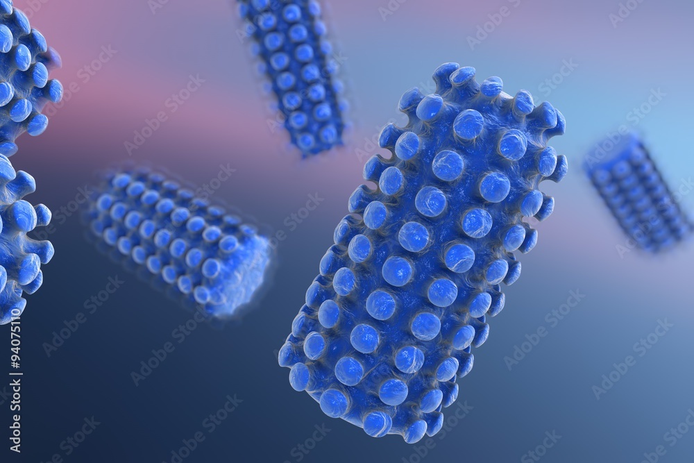 Background with viruses. Rabies virus, a virus transmitted by bites of ...