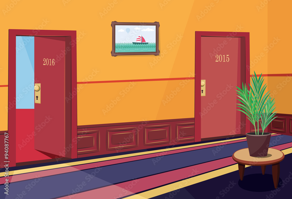 Interior luxury hotel hallway. New Year background 2016. Simple cartoon ...
