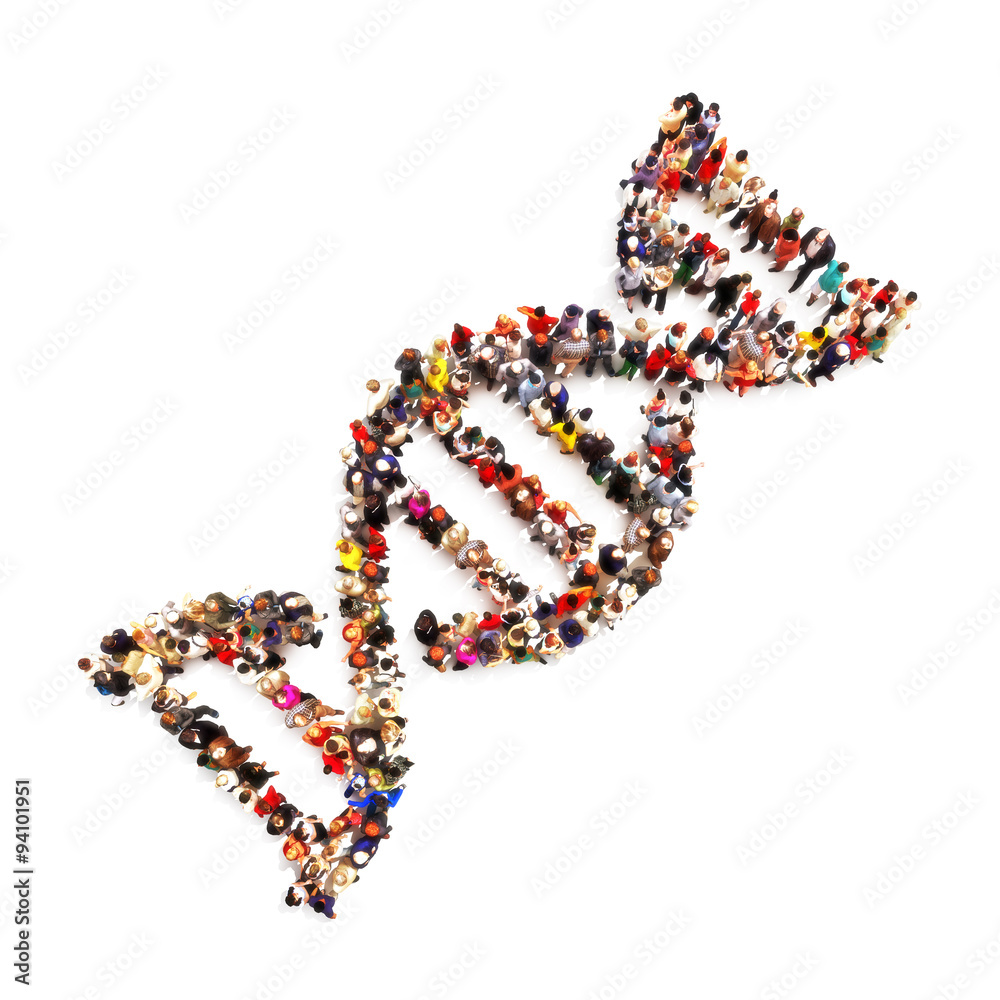 DNA foot print. Large group of people in the shape of a DNA symbol on a ...