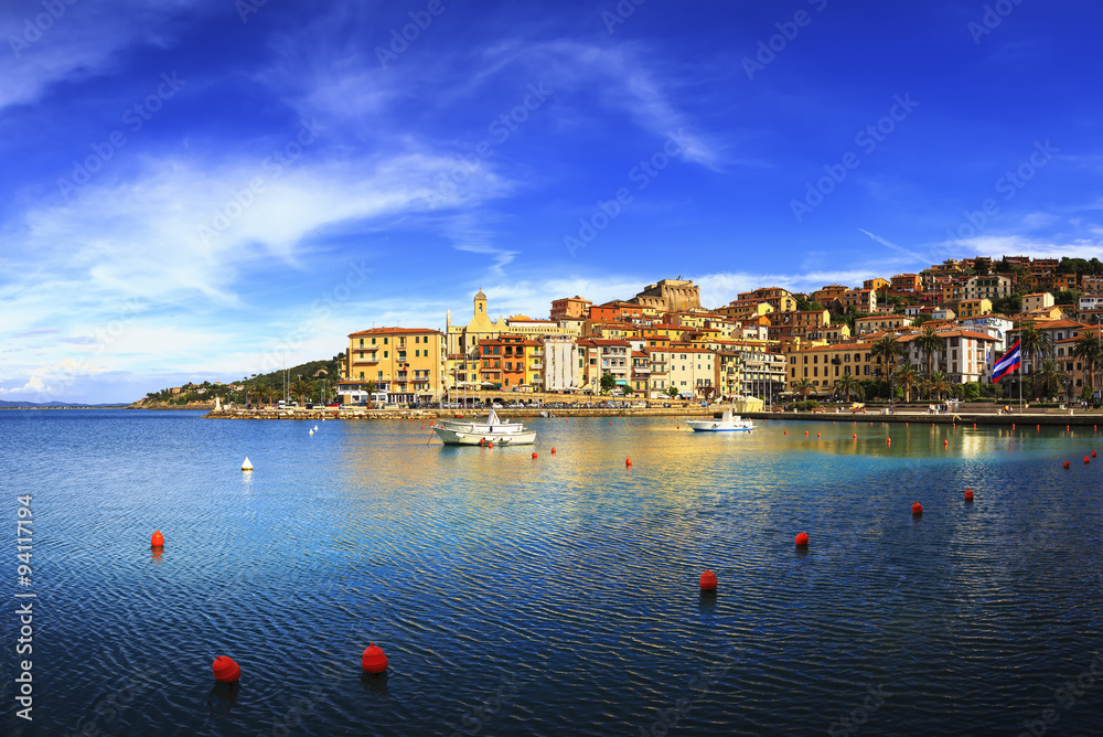 Porto Santo Stefano seafront and village skyline. Argentario, Tu Stock ...