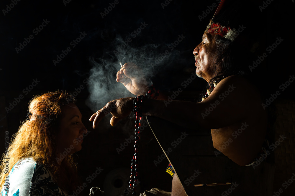 An ancient Mayan shaman woman conducting an ayahuasca ceremony in ...